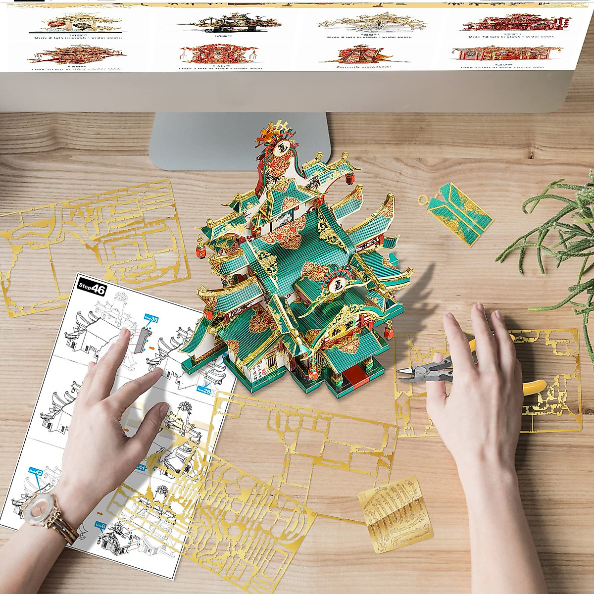 Piececool 3D Puzzles for Adults,Chinese Traditional Building Model Kits to Build for Teenagers Difficult 3D Metal Puzzle Educational Toys Gift Home Decor (White&Green)