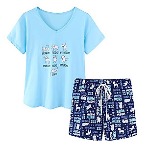 CHUNG Women Short Sleeve Shirt Pajamas Set with Shorts Bottom Pants Cotton V-neck Cute Pjs Sleepwear Lounge Wear Plus Size Summer (Medium, Blue Cat)