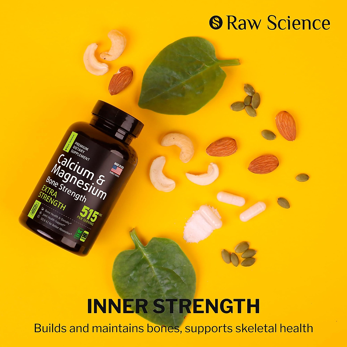 Calcium Magnesium Supplement, Bone Strength Supplements, Сalcium with Vitamin D & K2, Plant Based Calcium Pills for Women and Men, Magnesium + Calcium Supplement 515MG Per Serving, 90 Capsules