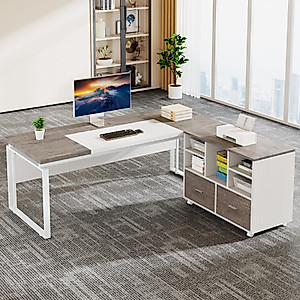 Tribesigns L-Shaped Executive Desk with Reversible File Cabinet, 63" Office Desk with Storage Drawers, L-Shaped Computer Desk with Drawer Cabinet for Hanging Letter Size Files,Gray & White