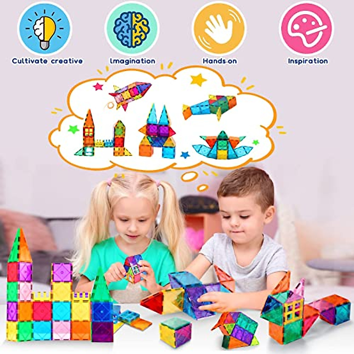 Toys for 3 4 5 6 7 8+Year Old Boys Girls Colorful Magnetic Tiles for Kids Ages 4-8 Upgrade STEM Educational Creativity Stacking Magnetic Building Blocks Set for Toddlers Child Ages 3-5 Birthday Gifts
