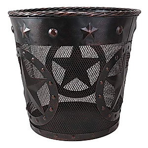 Ebros Rustic Western Texas Lone Stars in Circles of Nailheads with Braided Metal Rope Trim Wire Waste Basket Bin 12.75" Wide Home and Bathroom Accent Country Farmhouse Cowboy Decorative Trash Can