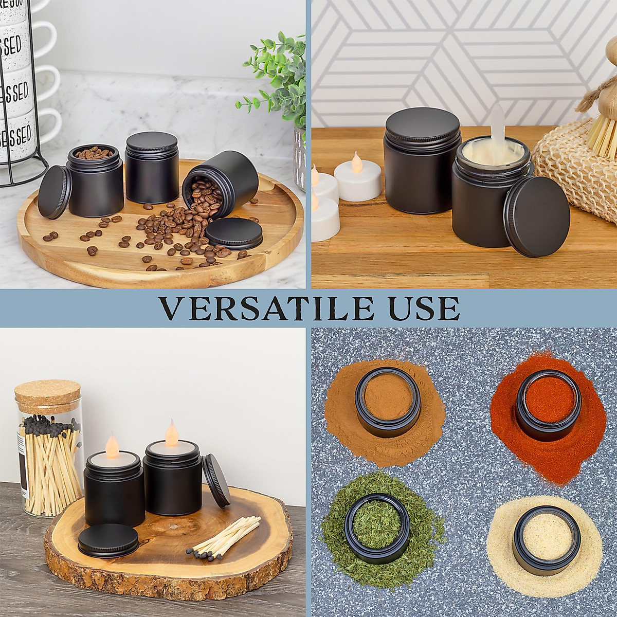 Cornucopia 4oz Black Coated Glass Jars (12-Pack); Cosmetic Jars with Black Metal Lids and Black Matte Exterior, 4-Ounce