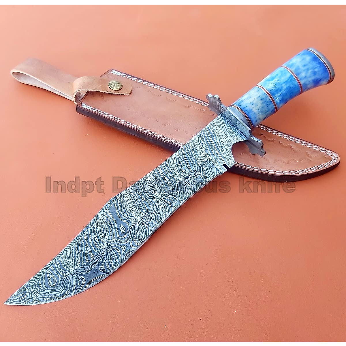 Handmade Damascus Steel Hunting Bowie Knife Full Tang Fix Blade 15' Inches Color Camel Bone Handle Comes With Leather Sheath Personalized Gift for Him