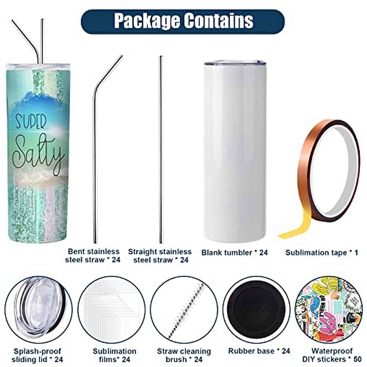 24 Pack 20 oz Sublimation Tumblers Bulk Kit, Stainless Steel Blank Straight Skinny Travel Tumbler Set with Lid, Rubber Base, Straw Brush, DIY Sticker, Shrink Wrap for Heat Transfer Press