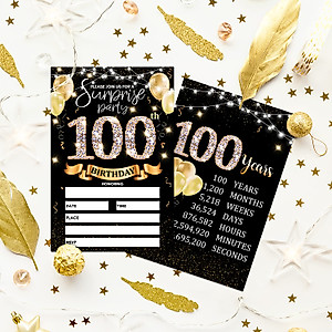 100th Birthday Party Invitation Card - Black Gold Invites with Birthday Sign Printing On The Back Double-Sided Fill-in Invites - 20 Cards with Envelopes for Party Favors - srgold-A10