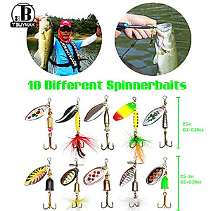 10pcs Fishing Lure Spinnerbait, Bass Trout Salmon Hard Metal Spinner Baits Kit with 2 Tackle Boxes by Tbuymax