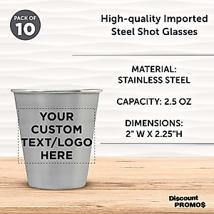 Custom Metal Shot Glasses 2.5 oz. Set of 10, Personalized Bulk Pack - Great for Weddings, Birthdays, Parties - Stainless Steel