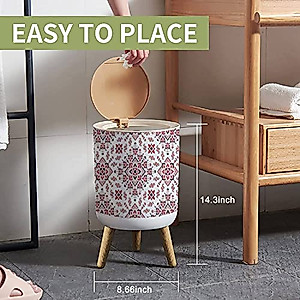 Small Trash Can with Lid Seamless Based on Ornament Paisley Bandana Print Vintage Style Silk Wood Legs Press Cover Garbage Bin Round Waste Bin Wastebasket for Kitchen Bathroom Office 7L/1.8 Gallon