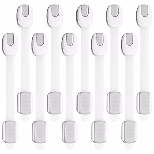 Mum & Cub Child Safety Strap Locks, Baby Proofing Locks for Cabinet, Drawer, Fridge, Toilet, Oven, Dresser and More, Strong Adhesive, Easy to Use (10 Locks, 10 Outlet Plug Covers)