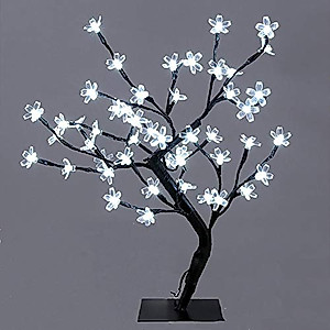 Lxcom Lighting LED Cherry Blossom Bonsai Tree 18” 48 LEDs Plug-in Desk Top Bonsai Lighted Tree Artificial Crystal Flower Light Table Lamp Adjustable Black Branches for Party Wedding Home Decor, White