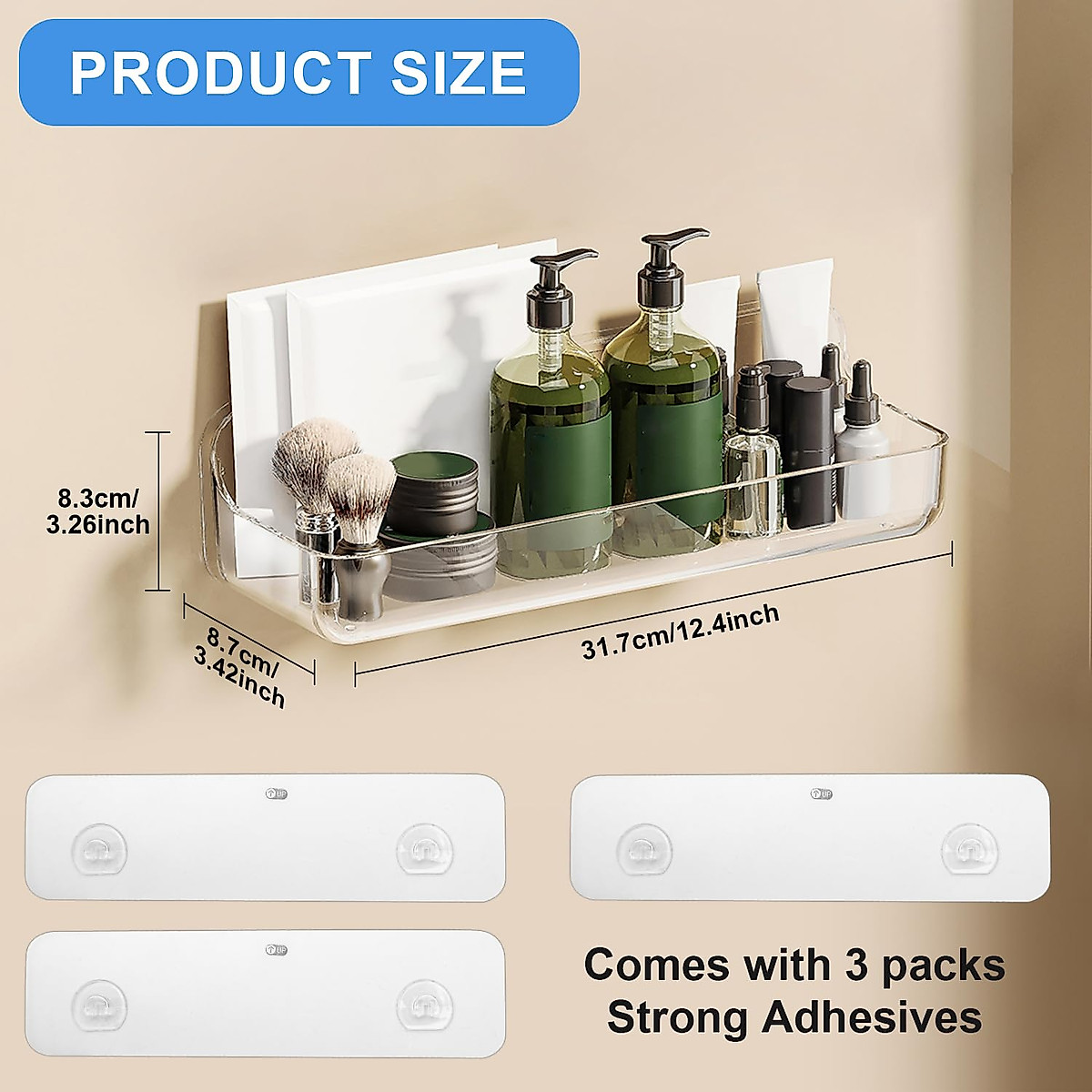 Diesisa 2pc Acrylic Wall Mount Organizer, Adhesive Shelf, Bathroom Shelves for Wall, Self Adhesive Organizer, No Drilling Hang Walls,with Self Adhesive Tape, for Bathroom, Kitchen, Living Room