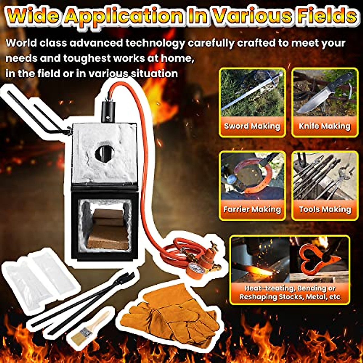 Triple Burners Portable Propane Gas Forge Three Burners 2600°F/1425℃ Large Capacity Square Forging Furnace for Blacksmithing Farrier Knife Tool Making Equipment with Tong & Gloves