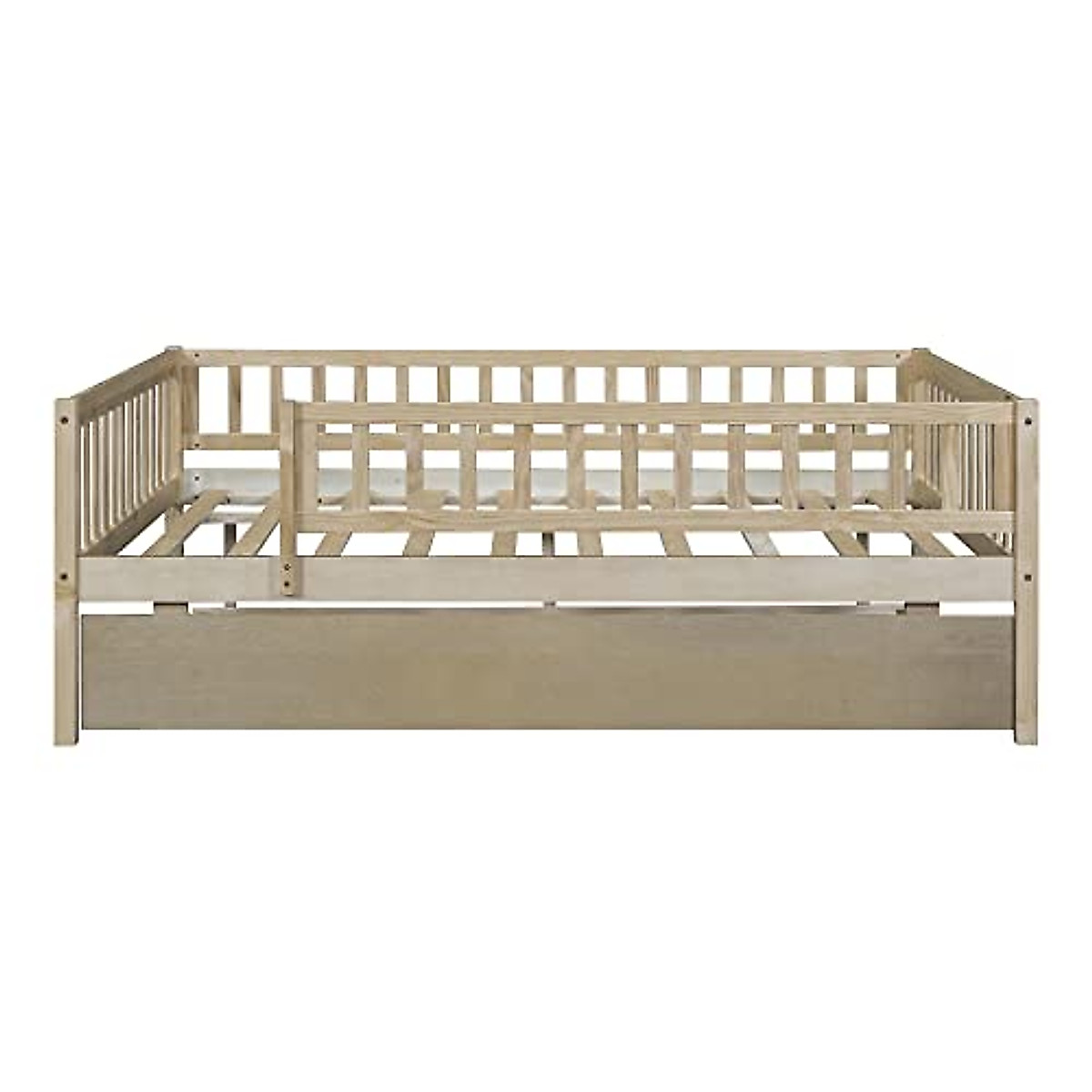 Sedgeria Full Size Montessori Bed for Toddlers Wooden Toddler Daybed with Fence and Trundle, Low Bed Frame with Rails for Kids Boys Girls, Natural