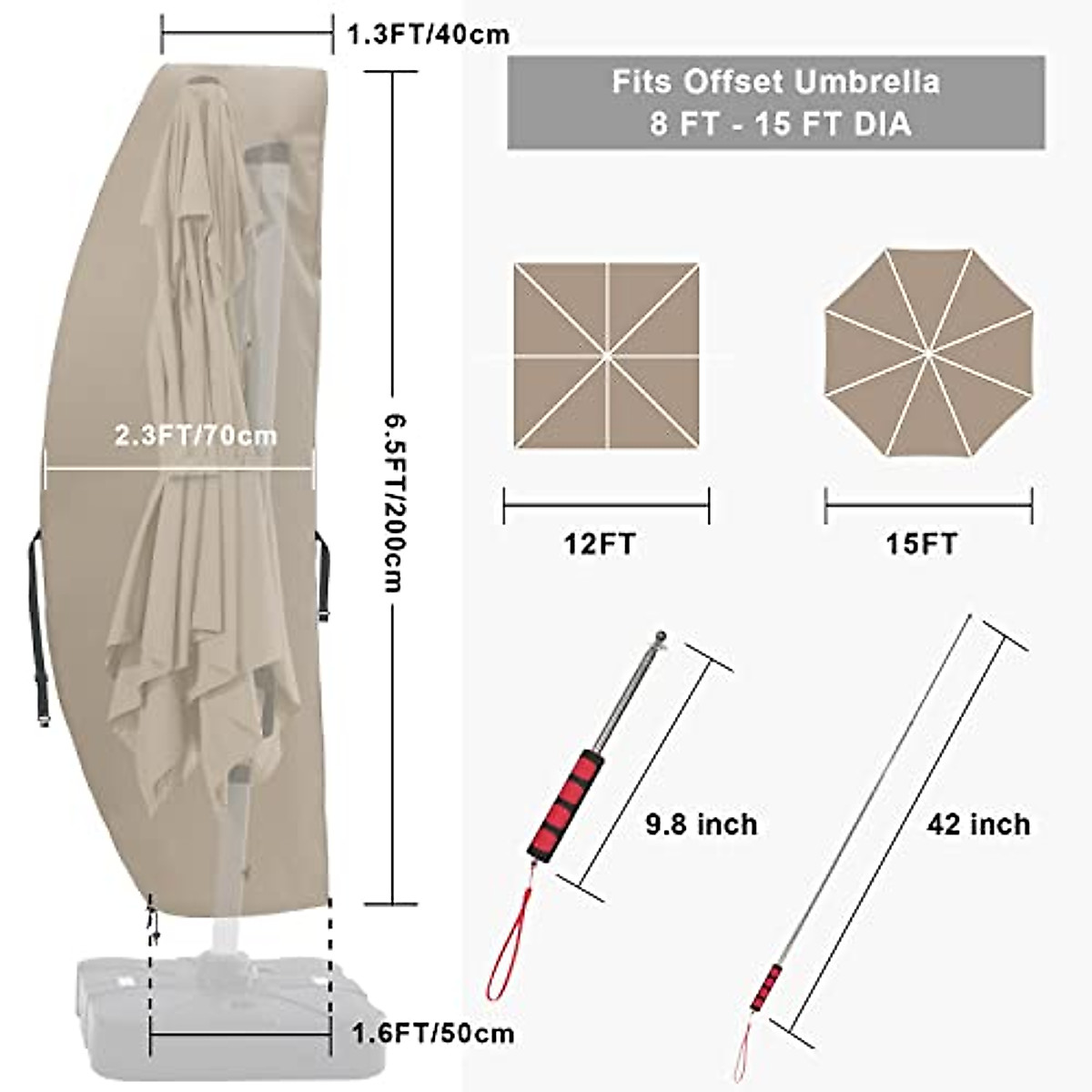 COOSHADE 600D Patio Umbrella Parasol Cover Waterproof Outdoor Anti-UV Protective Cover with Zipper Fits Cantilever Offset Umbrella 7.5-15 Feet, Khaki
