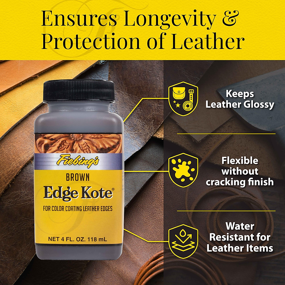 Fiebing's Edge Kote (4oz, Brown) - Leather Edge Paint for Shoes, Furniture, Purses, Couches, Belts - Flexible, Water Resistant, Semi Gloss Color Coating Leather Dye to Protect Natural Edges