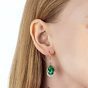 Austrian Crystal Halo Teardrop Hollow Drop Dangle Earrings for Women 14K Rose Gold Plated Hypoallergenic Jewelry (Emerald)