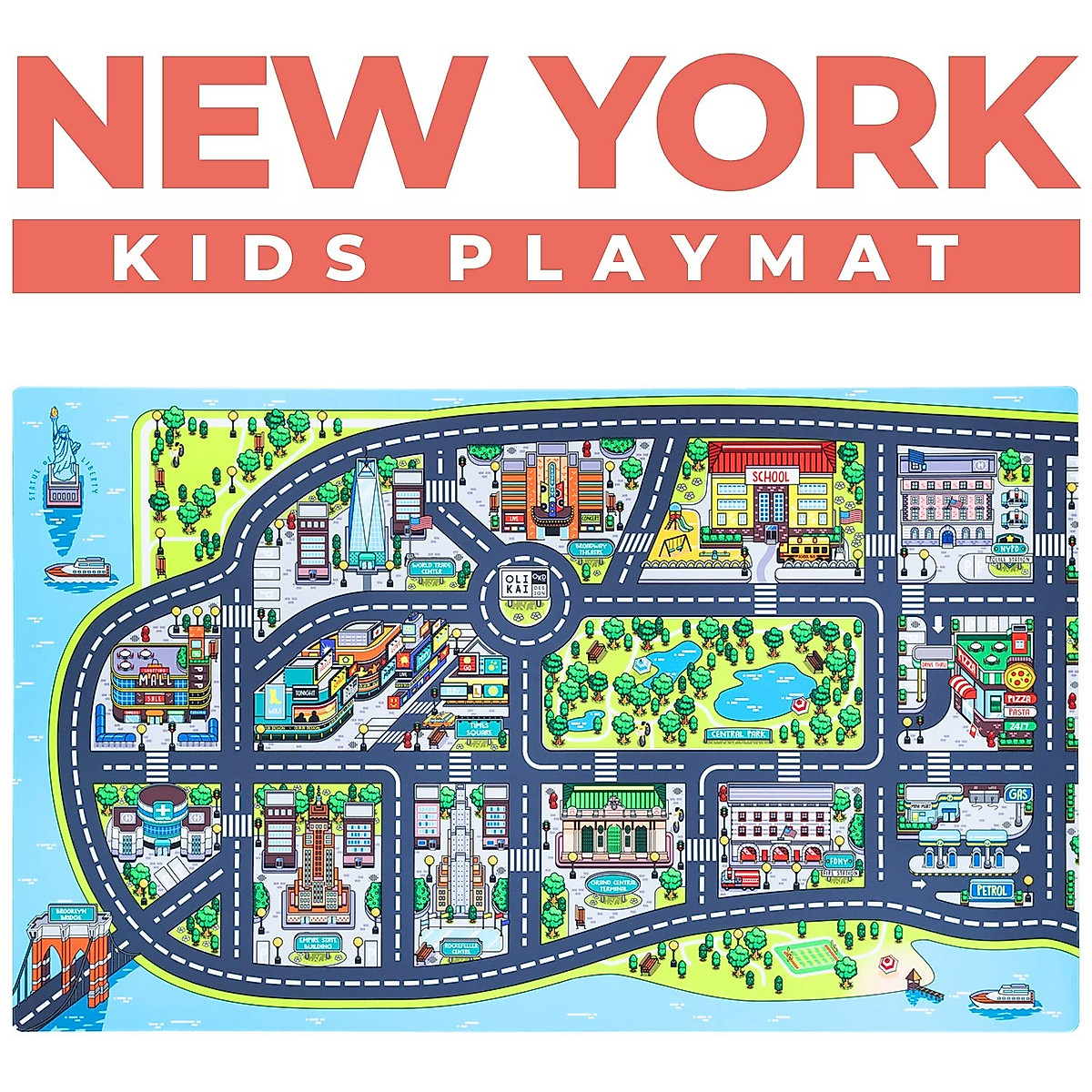 Olikai Design New York Kids City Rug Playmat for Toddlers. Fun, Educational, Map & Race Track Rug for a Boys or Girls Room. Large 75 x 45 in. Car Carpet Ideal for a Playroom, Bedroom or Classroom.