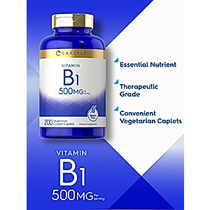 Carlyle Vitamin B1 500mg (Thiamine) | 200 Vegetarian Caplets | Non-GMO and Gluten Free Supplement