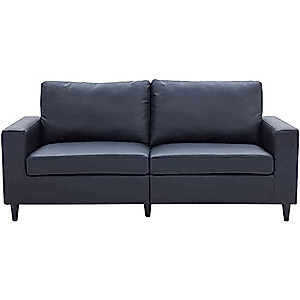 DNYN Modern PU Leather Sofa, Upholstered 3-Seater Couch w/Solid Frame and Wood Legs for Home or Office, Black