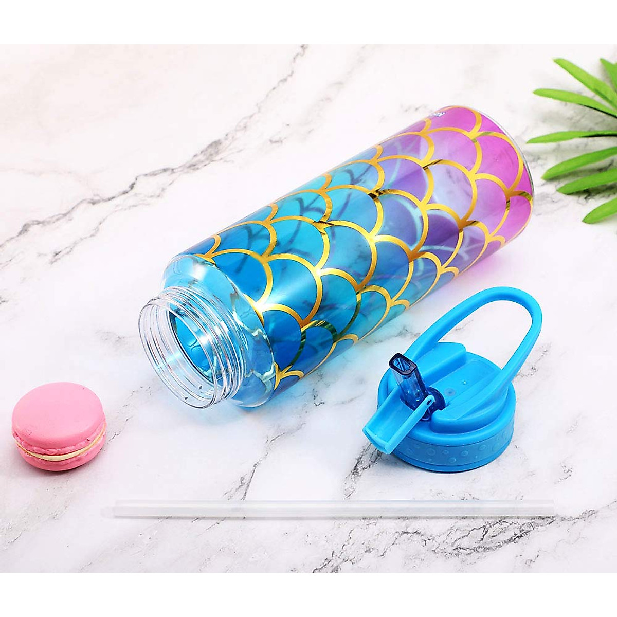 Home Tune Cute Water Bottle with Straw, BPA FREE Tritan &Leak Proof & Carry Handle & Pretty Design, 32oz/950ml (Mermaid)