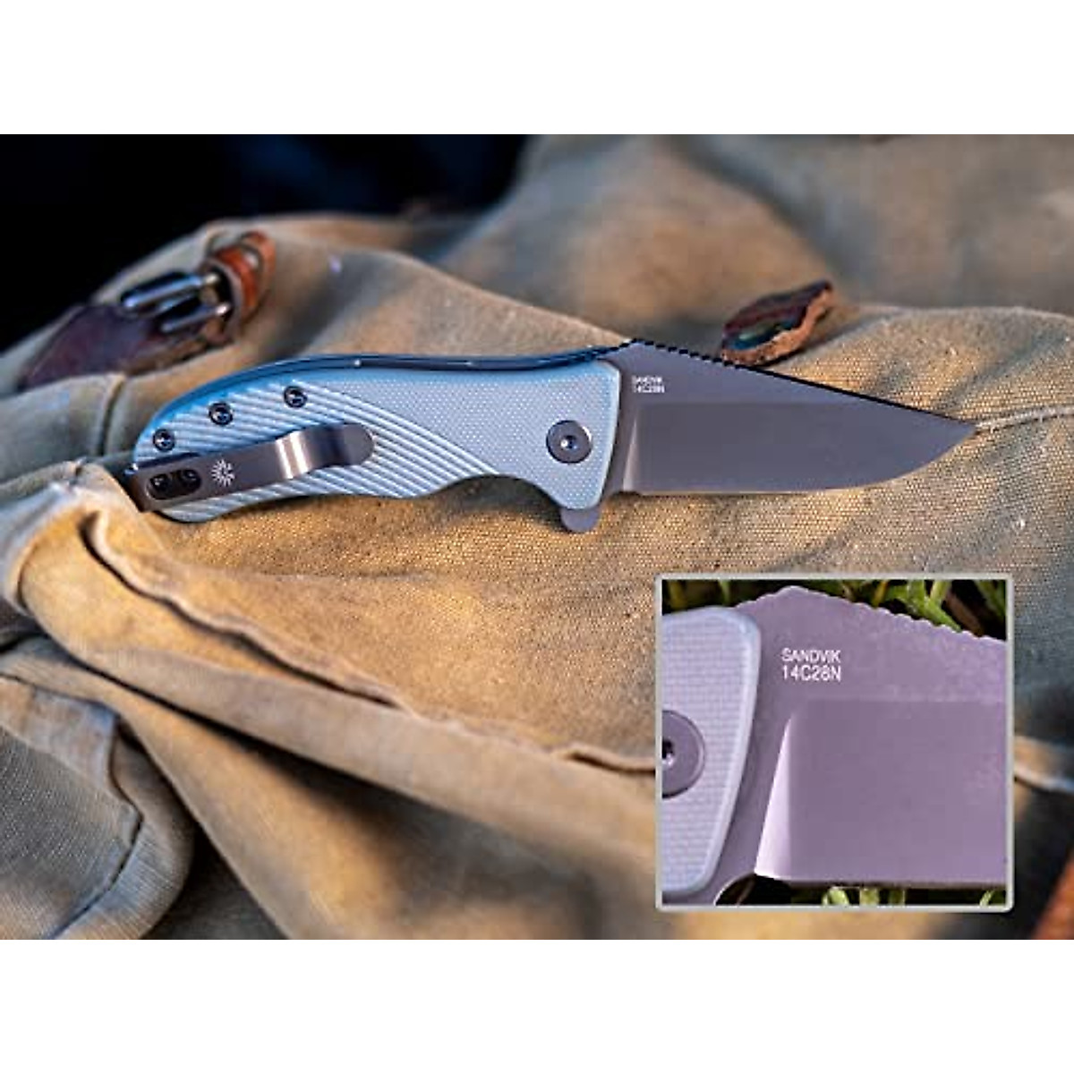 Off-Grid Knives - Baby Rhino - Legal Carry Heavy Duty Compact Folding Knife w. Sandvik 14C28N Blade Steel, Sky Gray G10 Scales, Deep Carry Left and Right Hand, Built Like A Tank