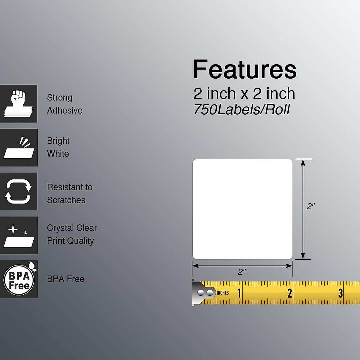 BETCKEY - 2" x 2" (51 mm x 51 mm) Square Labels Compatible with Zebra & Rollo Label Printer,Premium Adhesive & Perforated [6 Rolls, 4500 Labels]