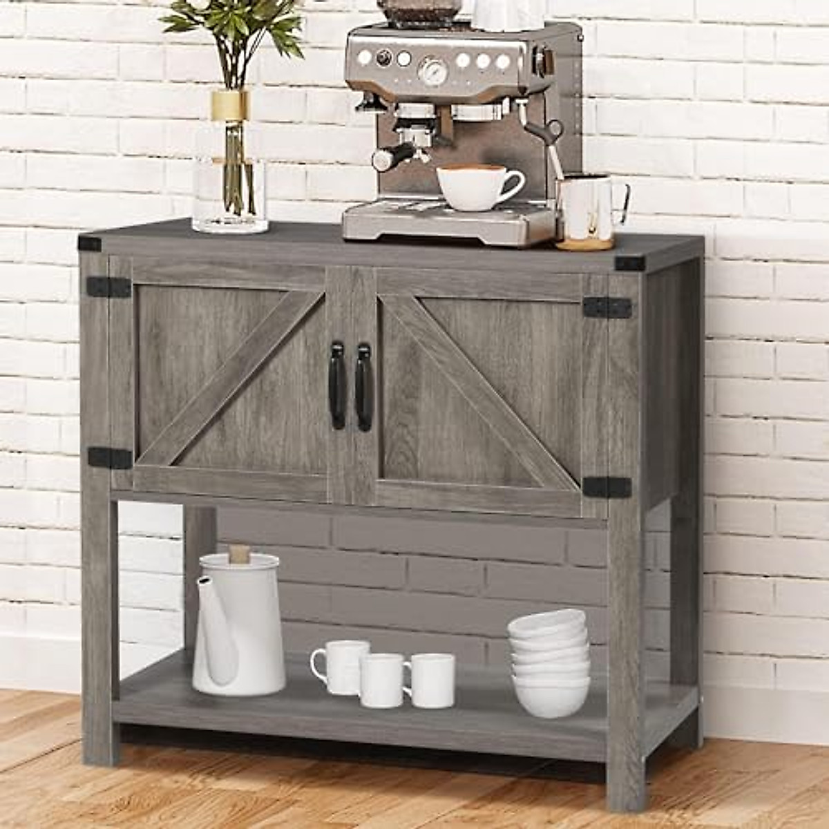 4ever2buy Farmhouse Coffee Bar Cabinet with Barn Doors, Grey Coffee Bar Stand with Storage, 36 inch Coffee and Tea Bar with Bottom Shelf for Living Dining Room