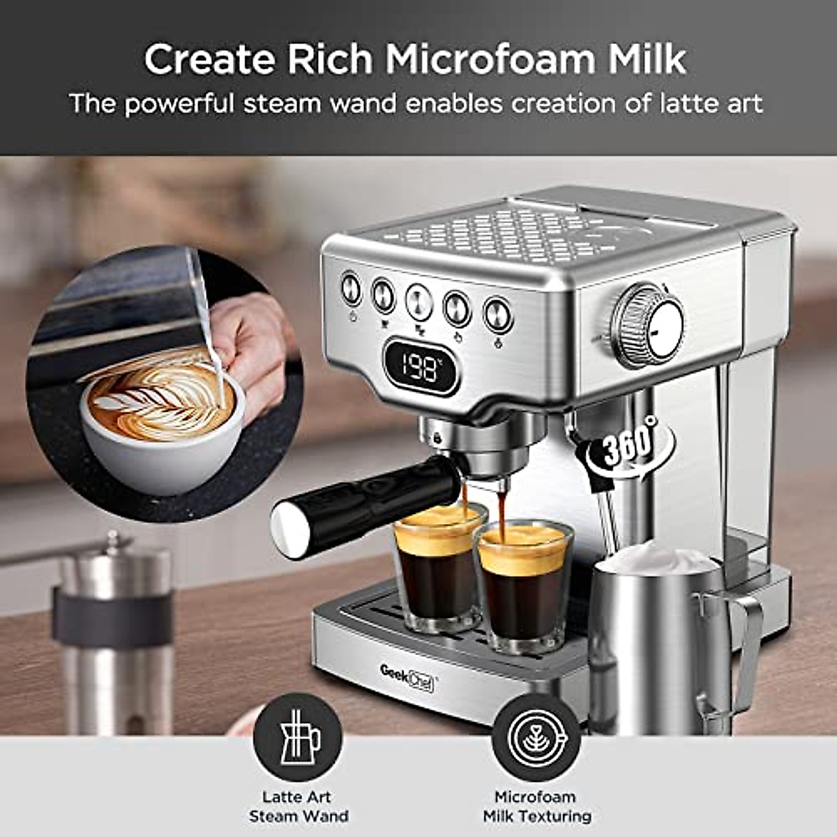Geek Chef Espresso Machine, 20 Bar Coffee Machine, Fast Heating Automatic, Latte & Cappuccino Maker with Milk Frother Steam Wand, 1.8L Water Tank, Temperature Display, Stainless Steel