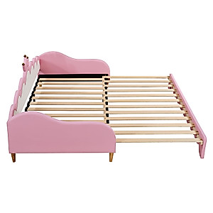 SOFTSEA Twin Upholstered Princess Daybed with LED Lights, Girls Princess Daybed with Extendable Trundle, Twin to King Faux Leather Daybed Frame with Crown Headboard for Kids Teens Audlts, Pink