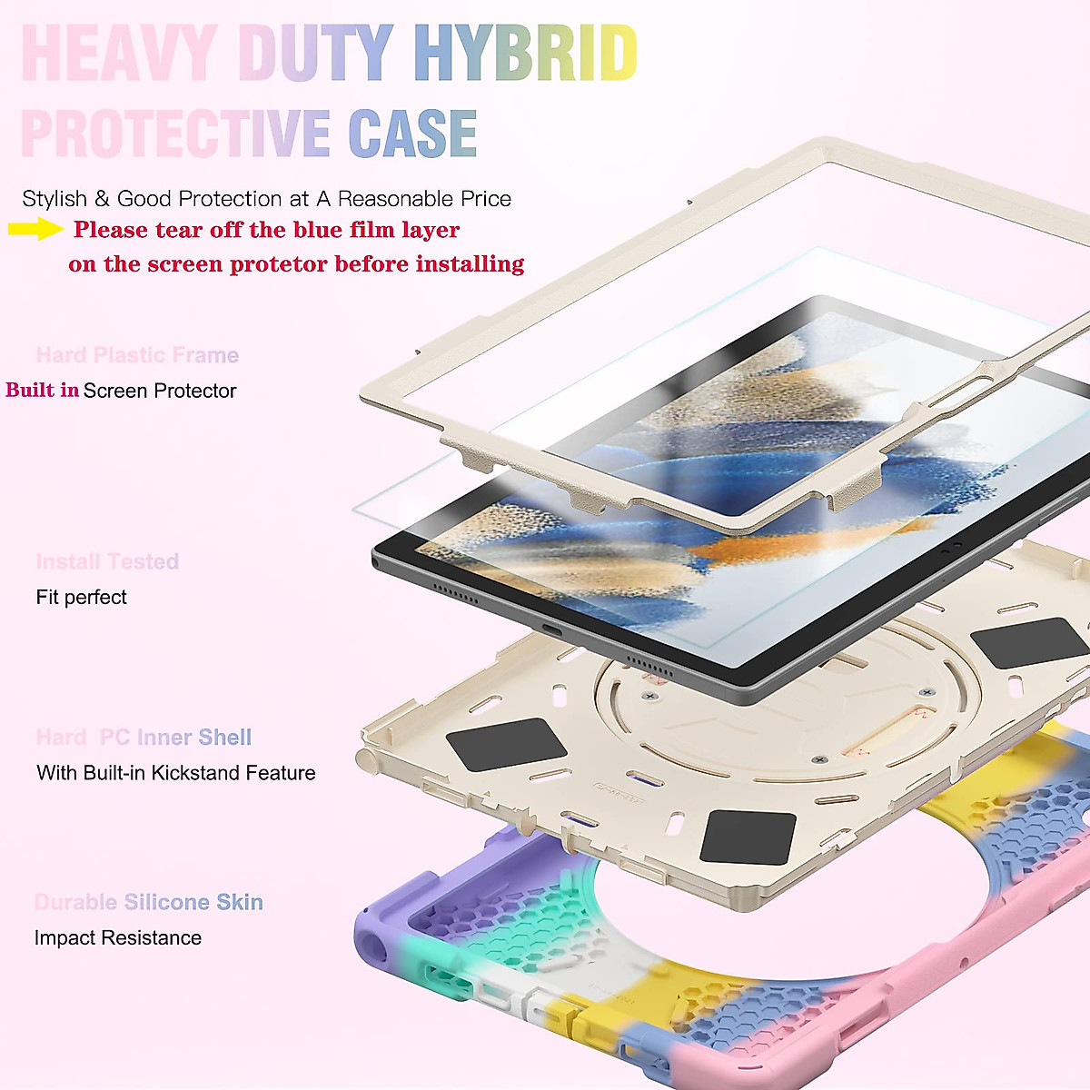 TSQQST Case for Samsung Galaxy Tab A8 10.5" 2022 for Kids Girls with Screen Protector Stand&Hand Strap | Rugged Protective Case for Samsung A8 Tablet SM-X200/X205/X207-Rainbow Pink