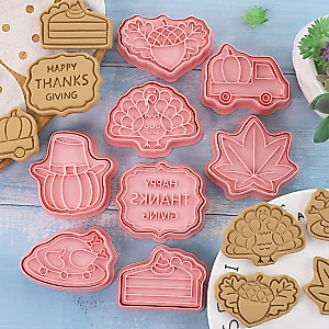 Pink PP Material Thanksgiving Day Cookie Cutters, 8 Pcs Theme Set Embossing Dies and Plunger Dies for Fondant Cookies Pastry Cheese Baking(Grateful)
