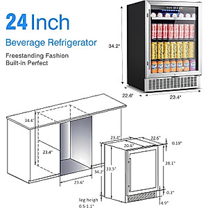 BODEGA Beverage Refrigerator 24 Inch, Under Counter Beverage Refrigerator, Built-in and Freestanding Beverage Cooler 180 Cans, Stainless Steel Under Counter Beer Fridge Perfect for Beer, Soda, Water