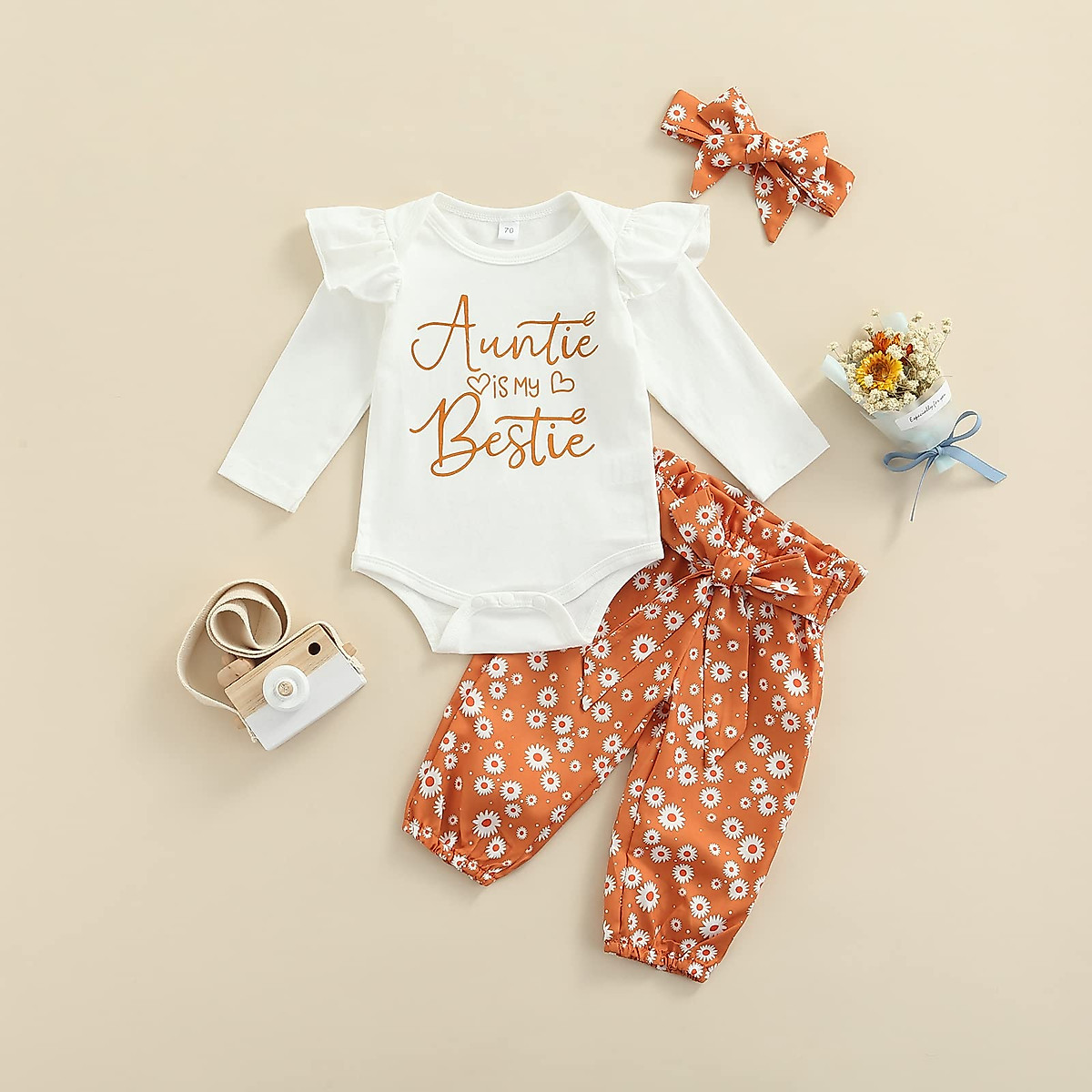 Newborn Infant Baby Girls Clothes Set Auntie Saying Letter Rompers Floral Daisy Pants Headband (White Bestie, 0-3 Months)
