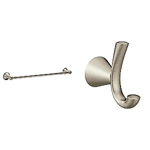 Moen Preston Collection Brushed Nickel 24-Inch Bathroom Single Towel Bar, Wall Mounted Hand or Body Towel Rack, DN8424BN & YB2303BN Glyde Robe Hook, Brushed Nickel
