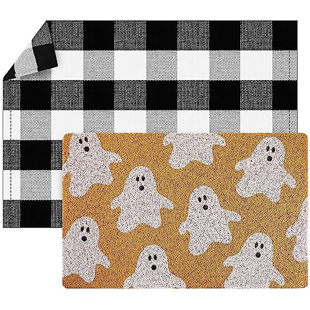 Fabbay 2 Pcs Doormat Home Imitation Coir Autumn Thanksgiving Halloween Doormat with Rubber Non Slip Backing Checkered Buffalo Plaid Rug for Layering Decor Front Door Entrance Mat (Ghost)