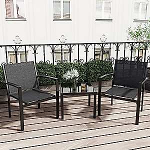 Greesum 3 Pieces Patio Furniture Set Outdoor Conversation Textilene Fabric Chairs for Lawn, Garden, Balcony, Poolside with A Glass Coffee Table, Black