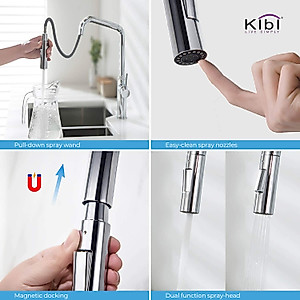 KIBI Macon Single Handle Pull Down Faucet for Kitchen Sink with Soap Dispenser | Solid Brass High Arc Faucet Spout | 360 Degree Swivel Kitchen Faucet with Pull Down Sprayer | Chrome Finish (KKF2007)