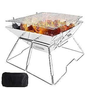 Foxtell Folding Campfire Grill with Carrying Bag, 304 Stainless Steel Grate Barbeque Grill, Portable Camping Grill with Legs for Outdoor Picnics, Backpacking