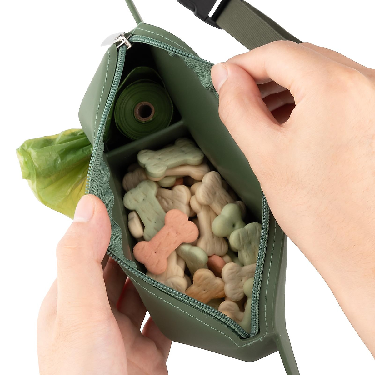 AhhBi Silicone Dog Treat Training Pouch, Clicker for Pet Training, Built-in Poop Bag Dispenser, 3 Ways to Carry (Army Green)