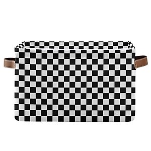 Black White Checkered Pattern Large Storage Basket Cube Storage Bin Canvas Fabric Organizer Handles Collapsible Decorative for Clothes Toys Bedroom