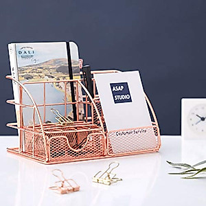 ARTISHION Desk Organizer, Office Supplies Desktop Holder, Metal Mesh Stationary Organizer Rose Gold with Drawer, Pen Pencil Holder for Office, Home, School