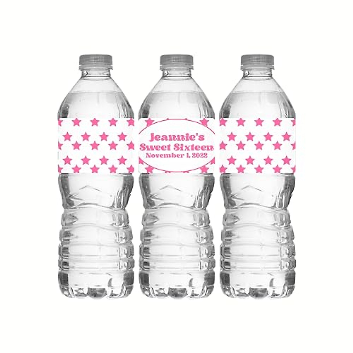 Personalized Water Bottle Labels, Birthday Party Favors, Pink Star Design, Pack of 25 Peel and Stick Waterproof Wrappers