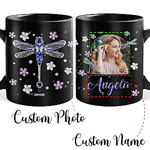 Black Ceramic Coffee Mug Photo Mugs Personalized Picture Dragonfly Custom Name Birthday Gifts For Women Friends Mom Novelty Cup Table Desk Accessories Jewelry Style 11 and 15 Oz