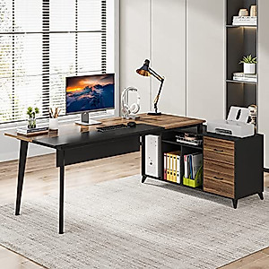 Tribesigns 70.8" Executive Desk with 43" Drawers File Cabinet, Large L-Shaped Computer Office Desk with Printer Stand, Business Furniture Workstation for Home Office