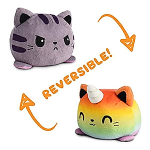 TeeTurtle - The Original Reversible Cat Plushie - Rainbow Kittencorn + Gray Tabby - Cute Sensory Fidget Stuffed Animals That Show Your Mood