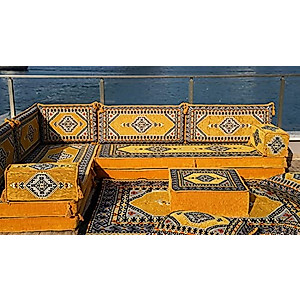Yellow Traditional Floor Couch Set, L Shaped Sectional Sofas, Arabic Floor Sofa Set,Yoga Meditation Mat, Futon Sofa Bed (L Sofa + Rug + Poufs)