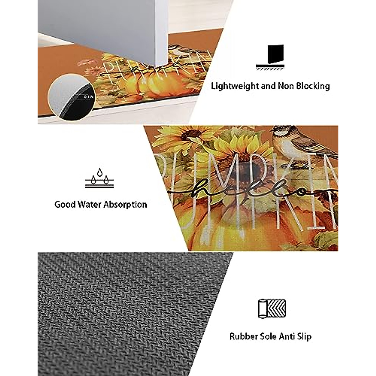 Bathroom Floor Shower Mat, Non-Slip Small Rugs - Easy to Clean, Fall Thanksgiving Pumpkin Sunflower Bird Brown Background Durable Bath Rug 16"x24" Washable Quick Dry Mats for Bathtubs