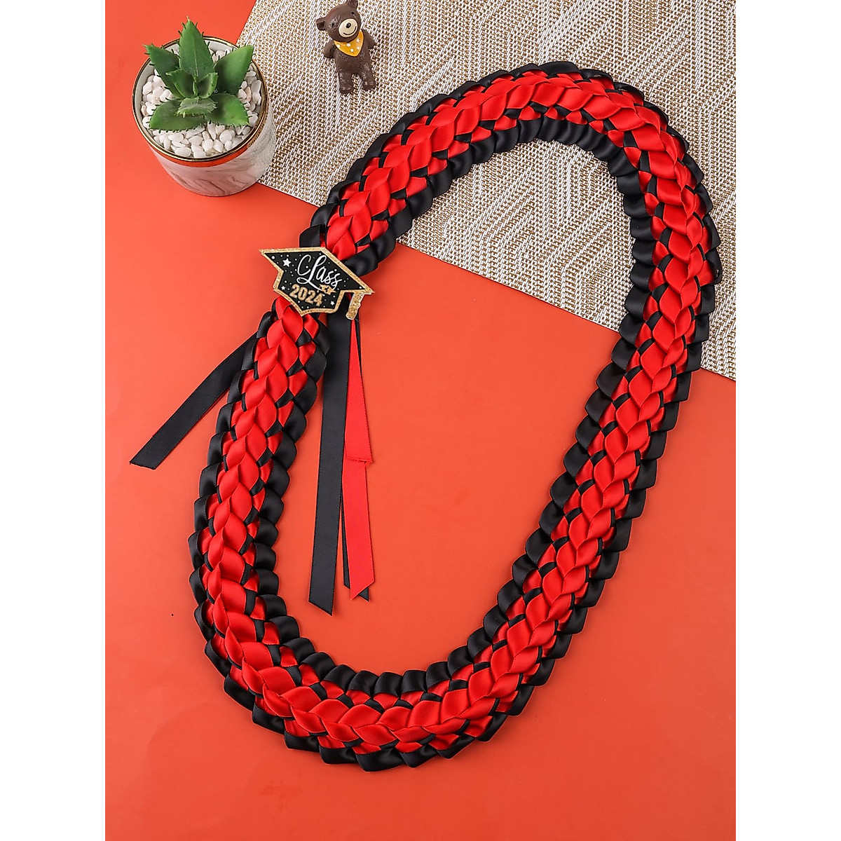 TFTAFAN Graduation Lei Class of 2023 Ribbon Leis Necklace Braided Necklaces gift Party Accessories for Women and Men (black red, 2)
