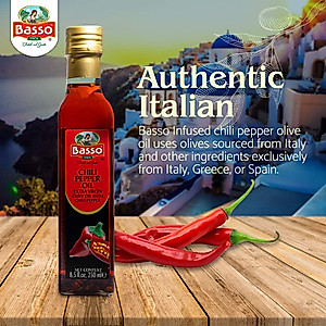 BASSO 1904 - Spicy Chili Oil, Infused Premium Extra Virgin Olive Oil, 8.5 Fl Oz (250 ml), Drizzle, Cooking, Dipping, Dressing, and Tasting